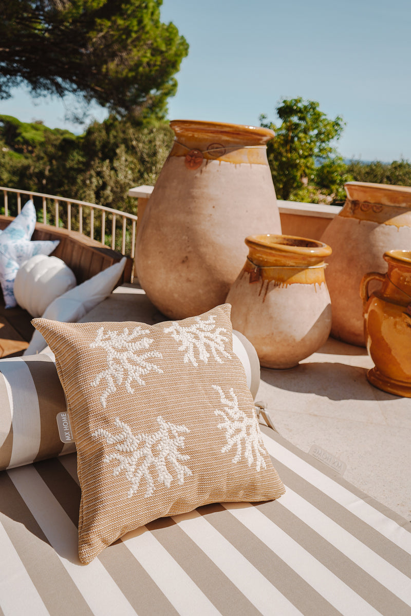 Square cushion with raffia effect - Coral white embroidery - Outdoor ...